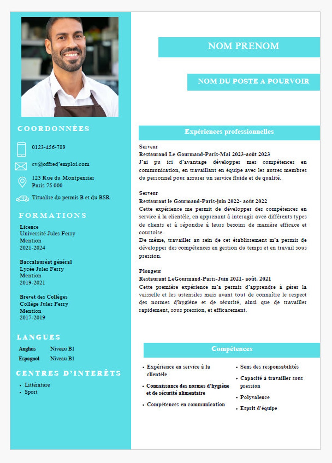 Waiter/bartender Resume Template - Etsy
