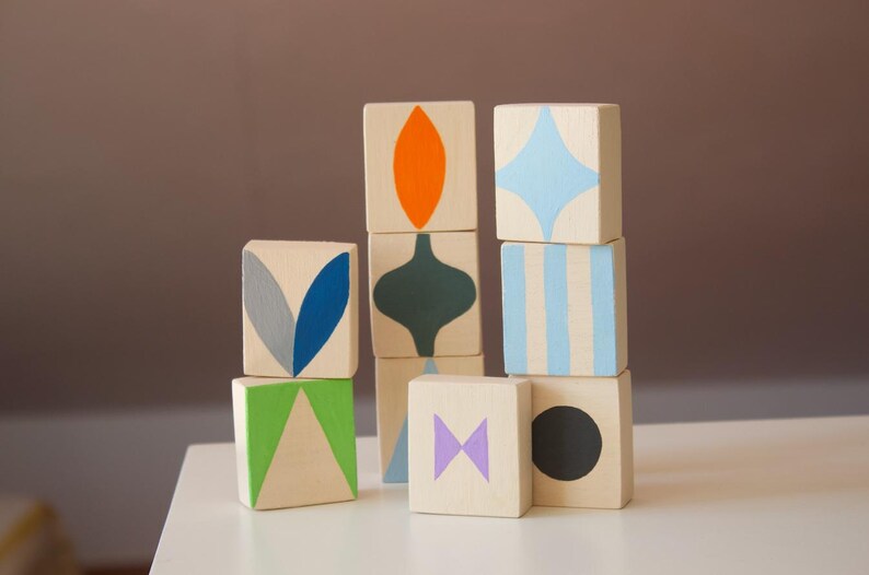 Set of Nine Painted Wooden Blocks Handmade Decorative Gift Colorful ...