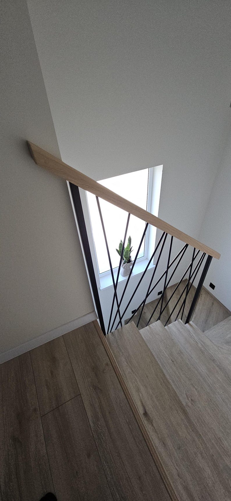Modern Metal Staircase Railing With an Ash Wood Handrail. Unique Design ...