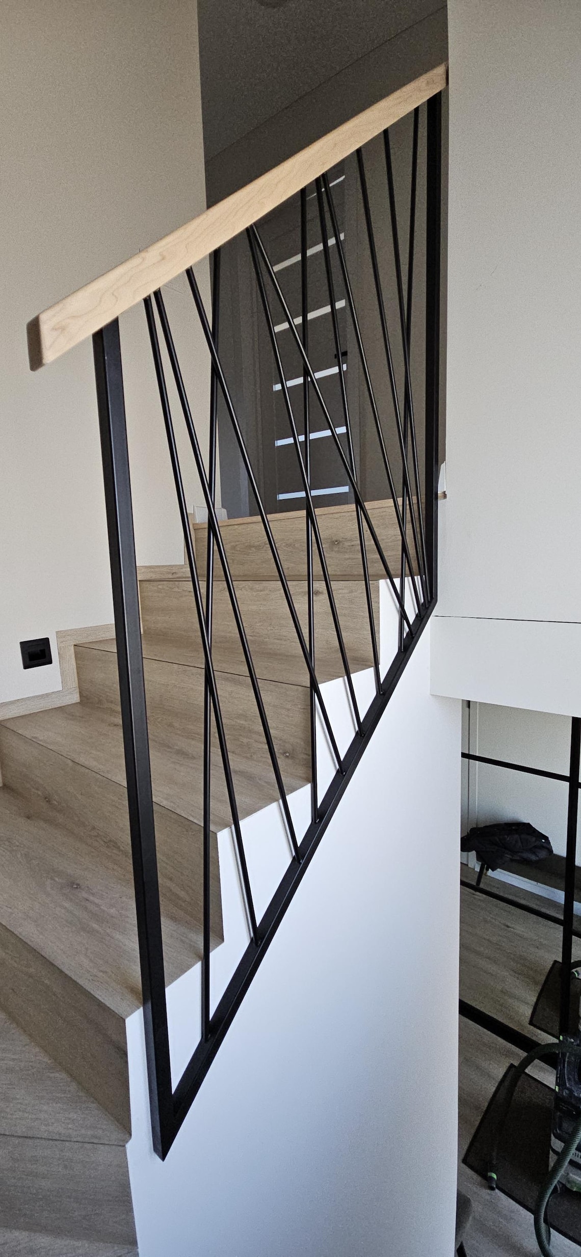 Modern Metal Staircase Railing With an Ash Wood Handrail. Unique Design ...