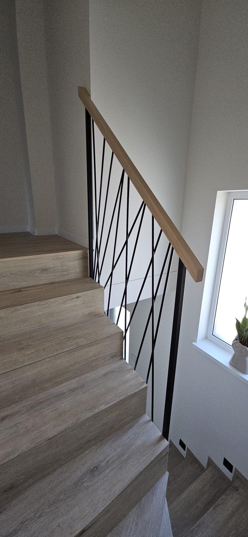 Modern Metal Staircase Railing With an Ash Wood Handrail. Unique Design ...