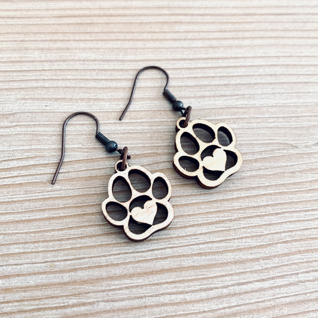 Dog Paw With Heart Earrings Birch Wood Laser Engraved Hygge Cottagecore ...