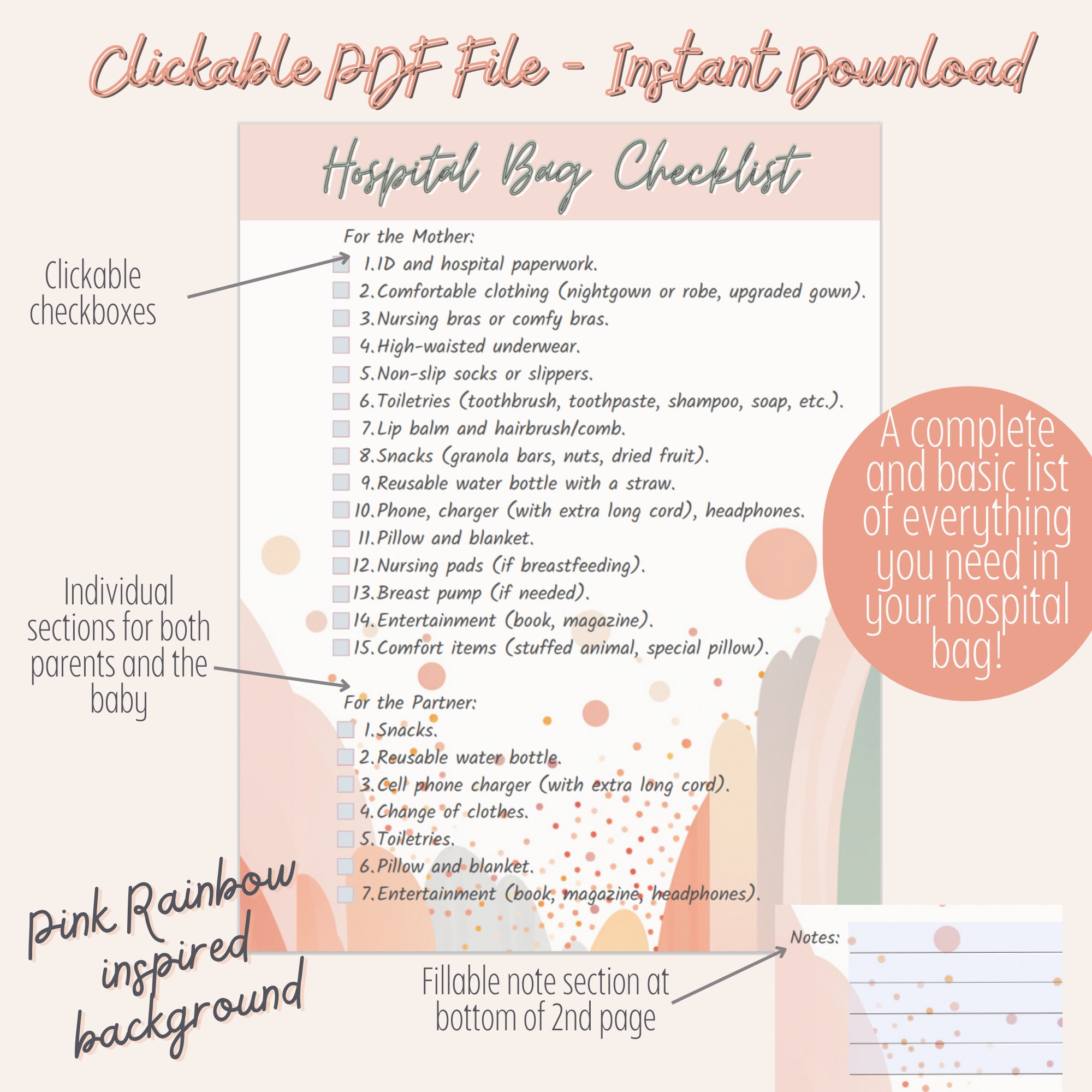 Pink Rainbow Hospital Bag Checklist: Fillable, Clickable PDF (instant ...