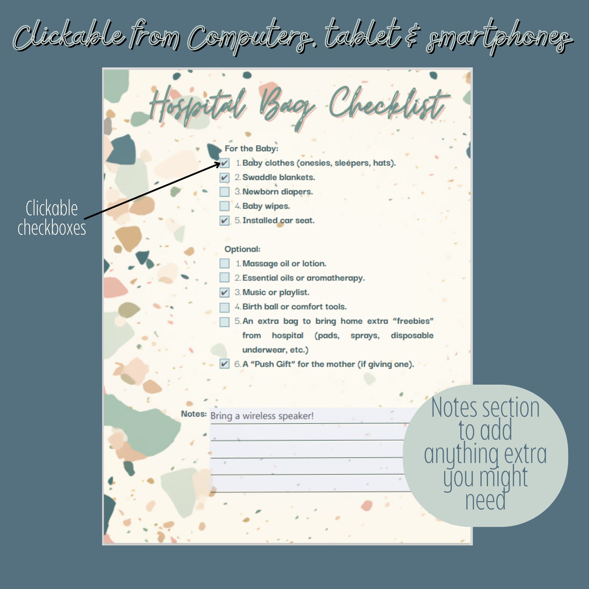 Terrazzo Hospital Bag Checklist: Fillable, Clickable PDF (instant ...