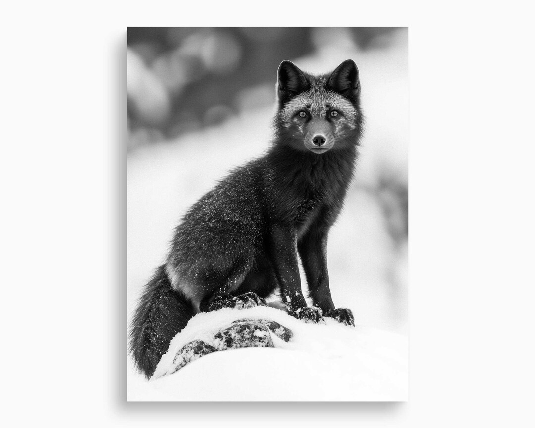 Black and White Photo of an Arctic Fox in a Snowy Landscape. A ...