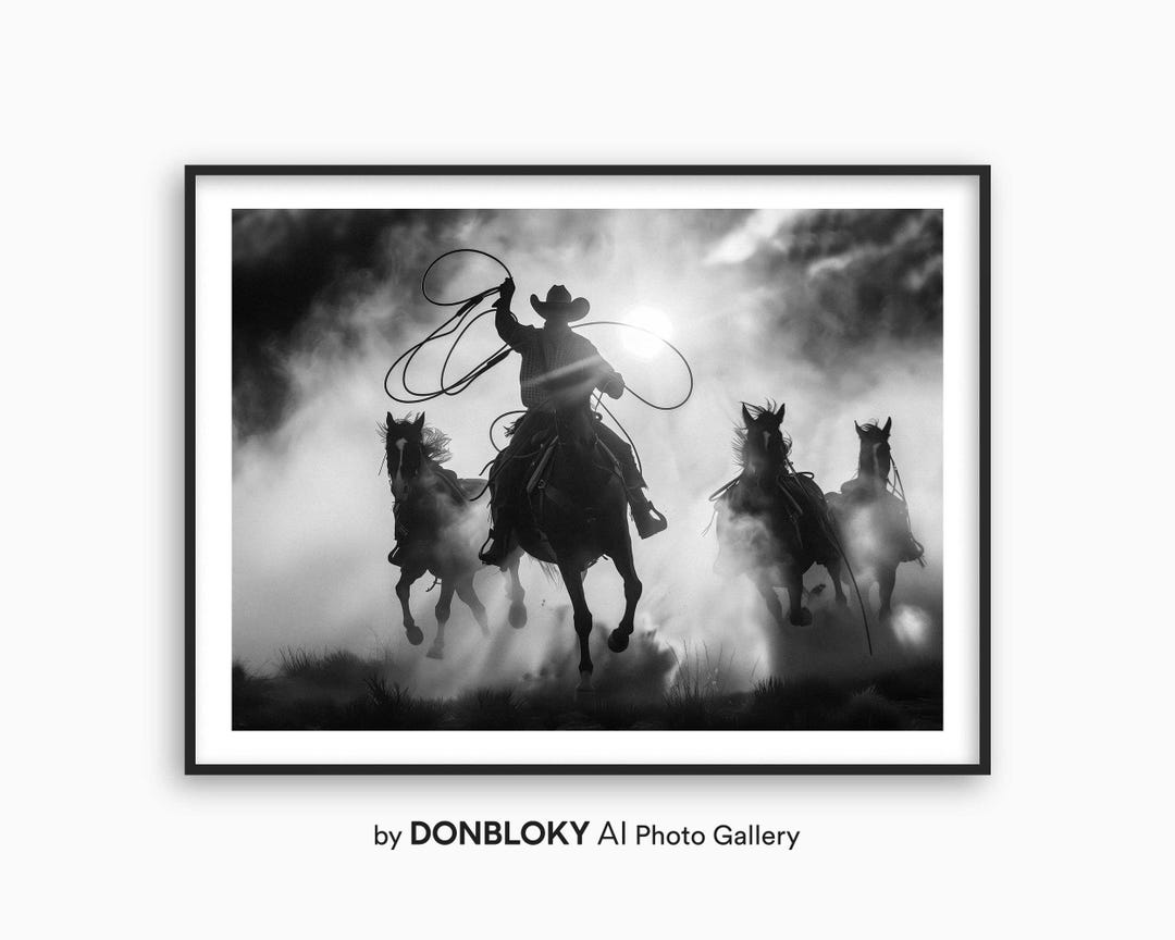 A Dramatic Western Photo of a Cowboy on Horseback Swinging a Lasso in ...