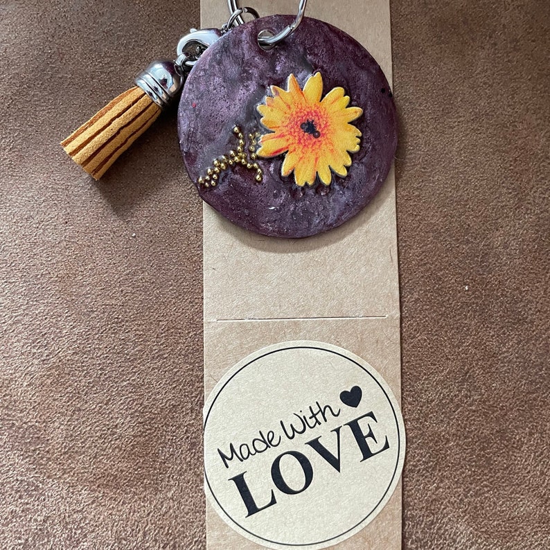 Keychain, Funky Resin Keychain, Hippie, Flower, Burgundy, Yellow Flower ...