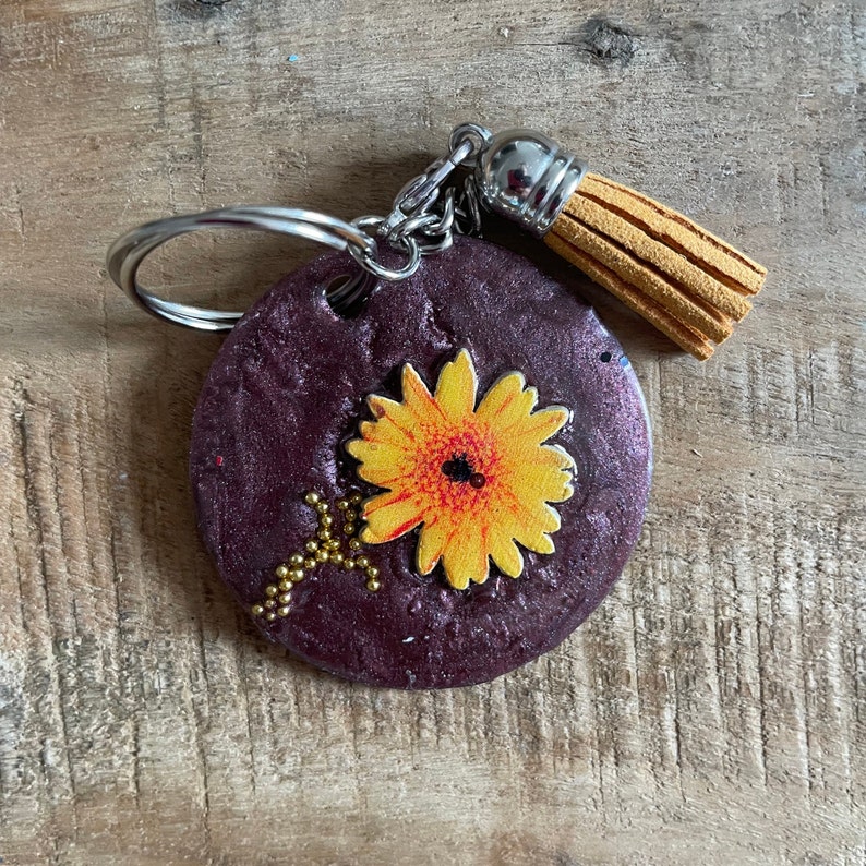 Keychain, Funky Resin Keychain, Hippie, Flower, Burgundy, Yellow Flower ...