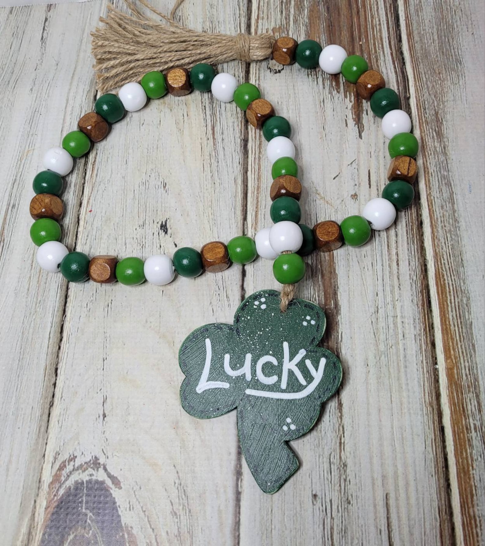 St. Patrick's Day Beaded Garland, Hand Painted Shamrock With Wood Beads ...