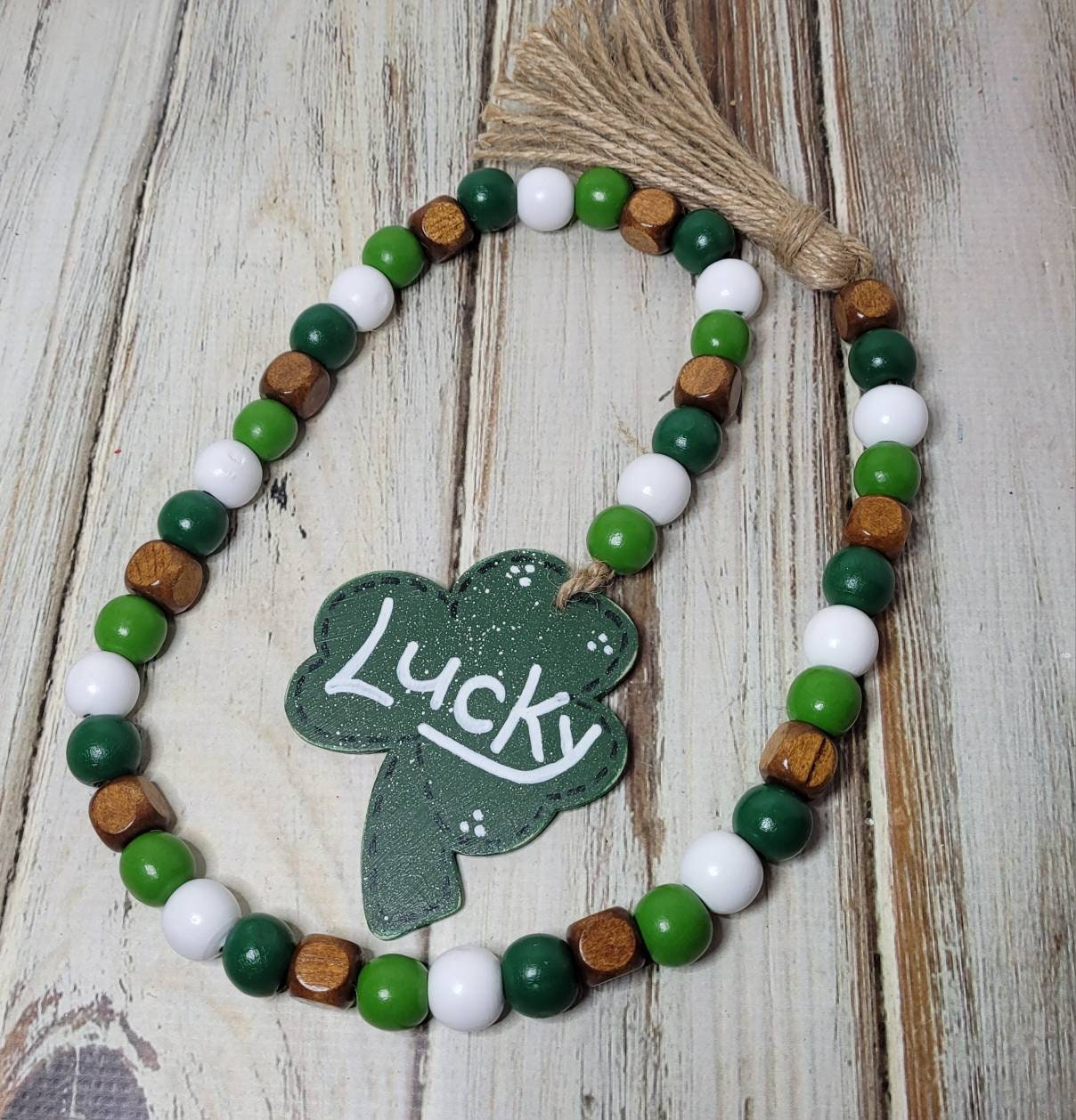St. Patrick's Day Beaded Garland, Hand Painted Shamrock With Wood Beads ...