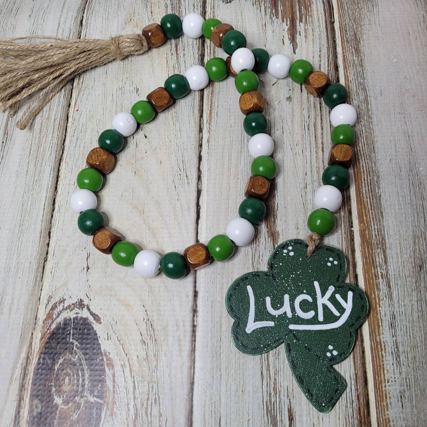 St. Patrick's Day Beaded Garland, Hand Painted Shamrock With Wood Beads ...