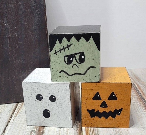3 Spooky Halloween Blocks Handmade Halloween Decor Blocks - Etsy