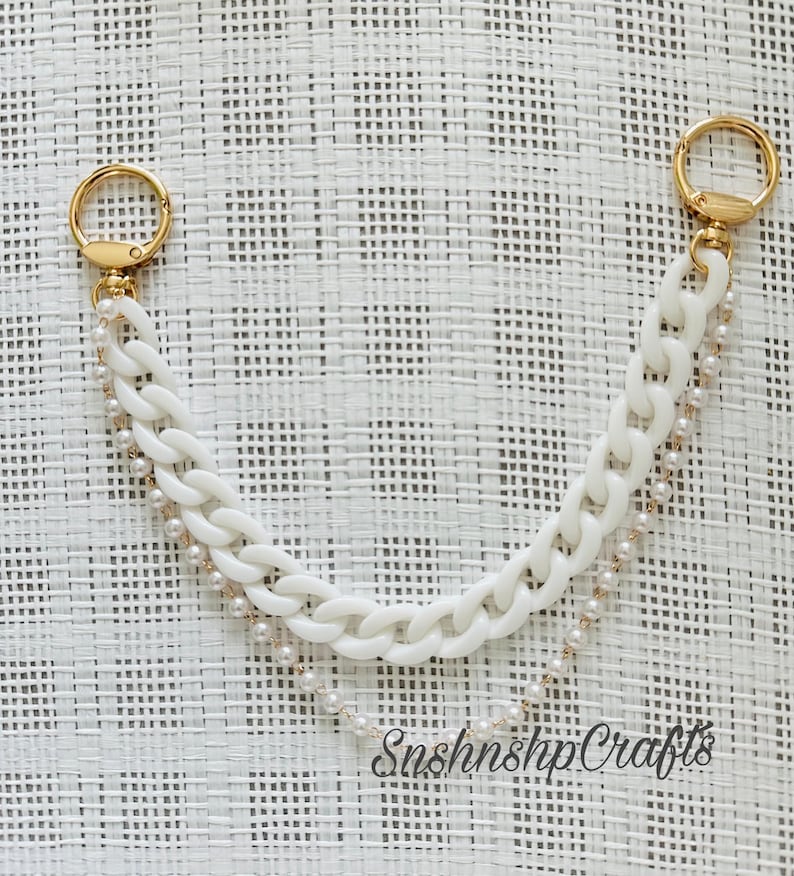White Pearl Double Chain Bag Accessory 14” Acrylic Keychain Purse Tote ...