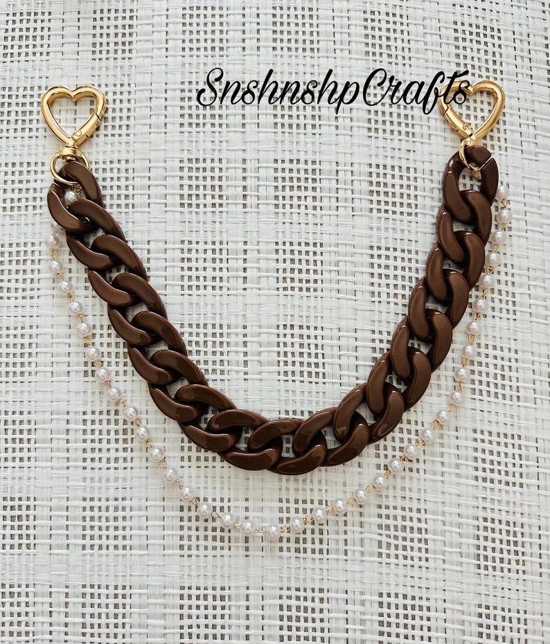 Brown Pearl Double Chain Bag Accessory 14” Acrylic Keychain Purse Tote ...