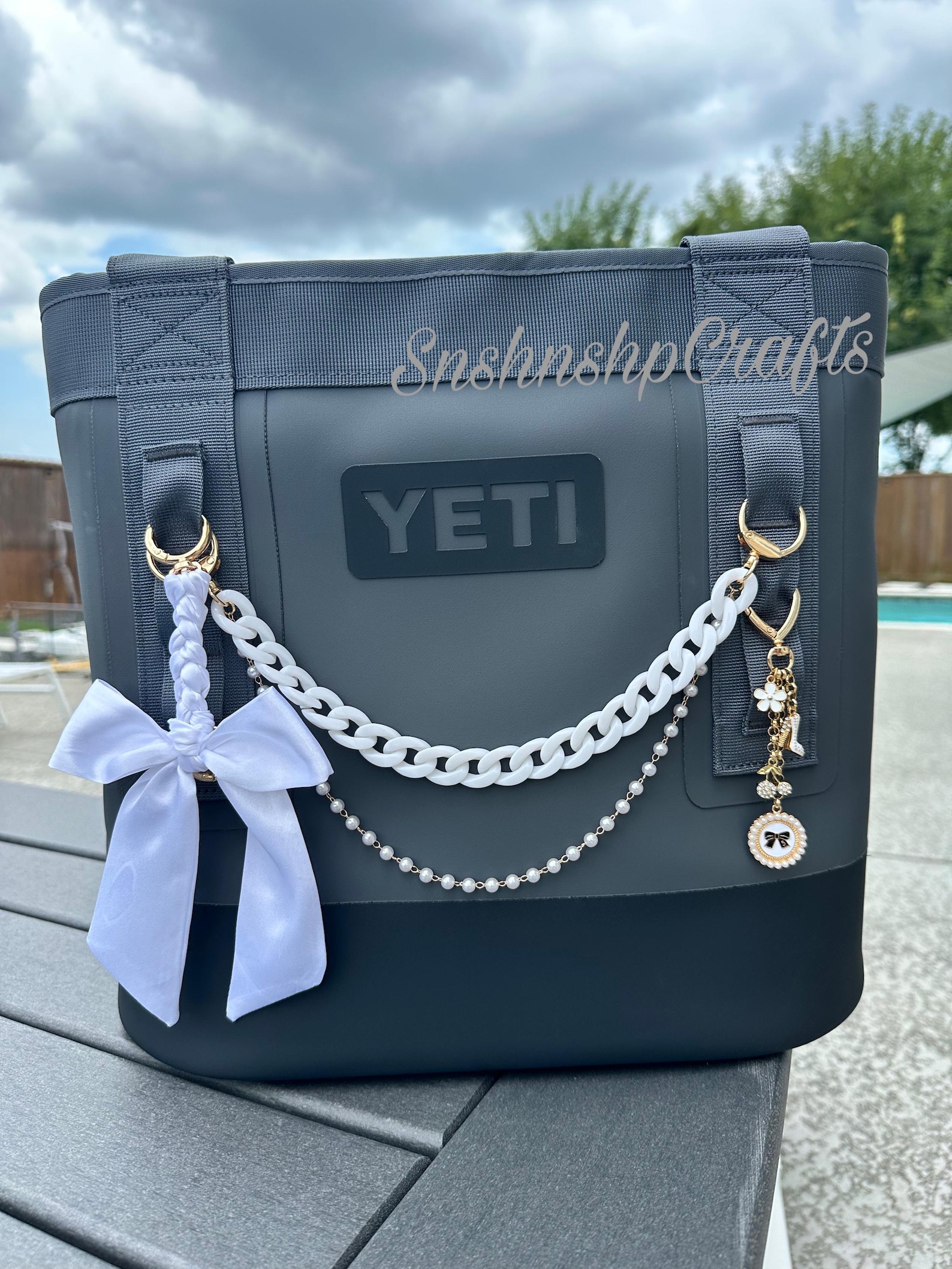 White Pearl Double Chain Bag Accessory 14” Acrylic Keychain Purse Tote ...