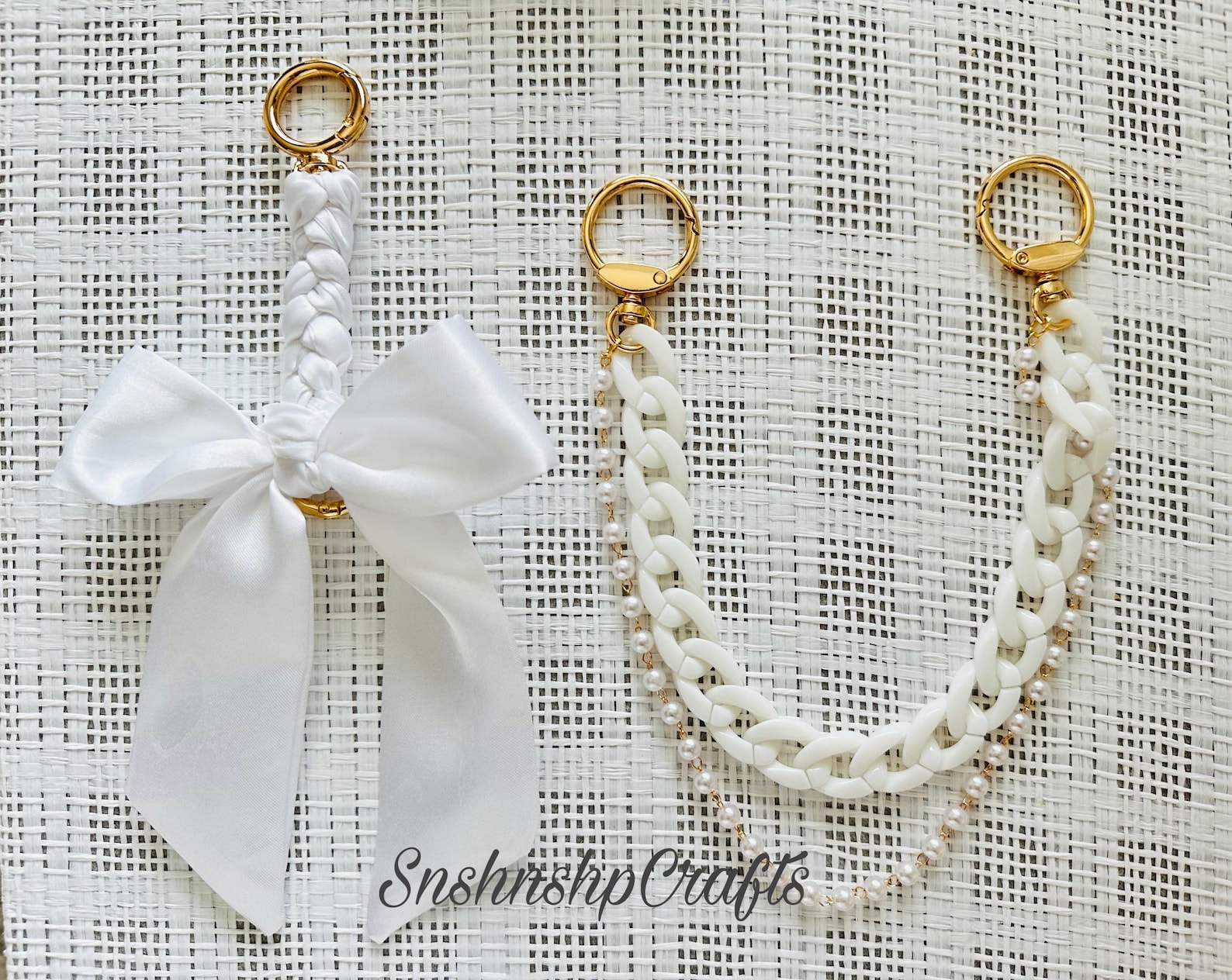 White Pearl Double Chain Bag Accessory 14” Acrylic Keychain Purse Tote ...