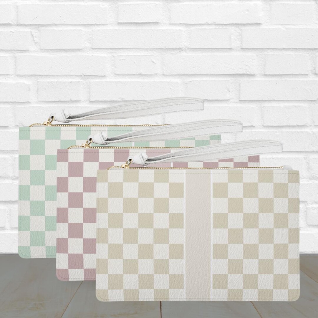 Checkered Clutch Bag Checkerboard Faux Leather Wristlet Purse Beige ...