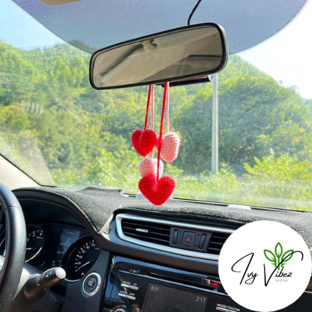 Crochet Red Heart Car Charm | Rear View Mirror Hanging Accessory | Cute ...