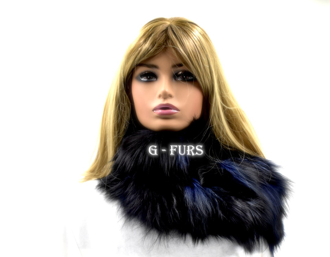 Luxury Real Fox Fur Neck Loop Collar in Navy Blue Super Warm and Super ...