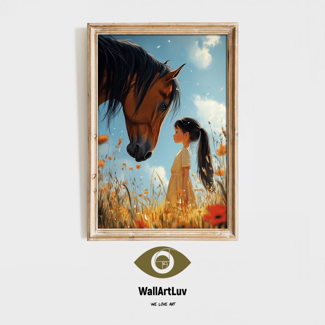 Cute Little Girl & Horse Painting, Digital Autumn Landscape Art ...