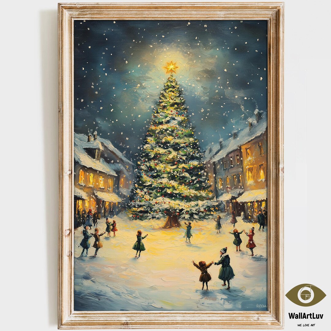 Digital Christmas Tree Landscape Painting, Artsy Christmas Village ...