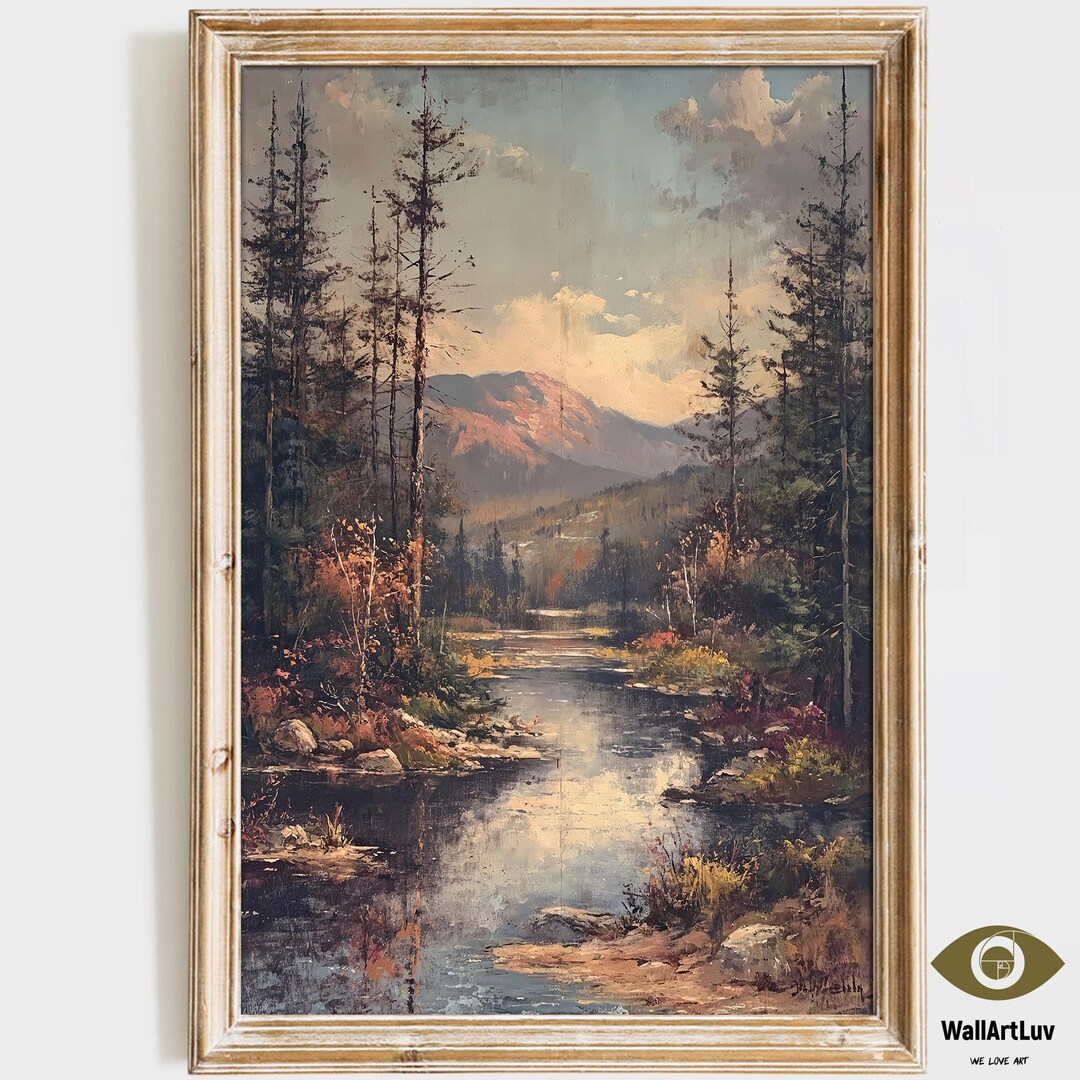 Peaceful Mountain & Tree Painting With River, Vintage Forest Digital ...