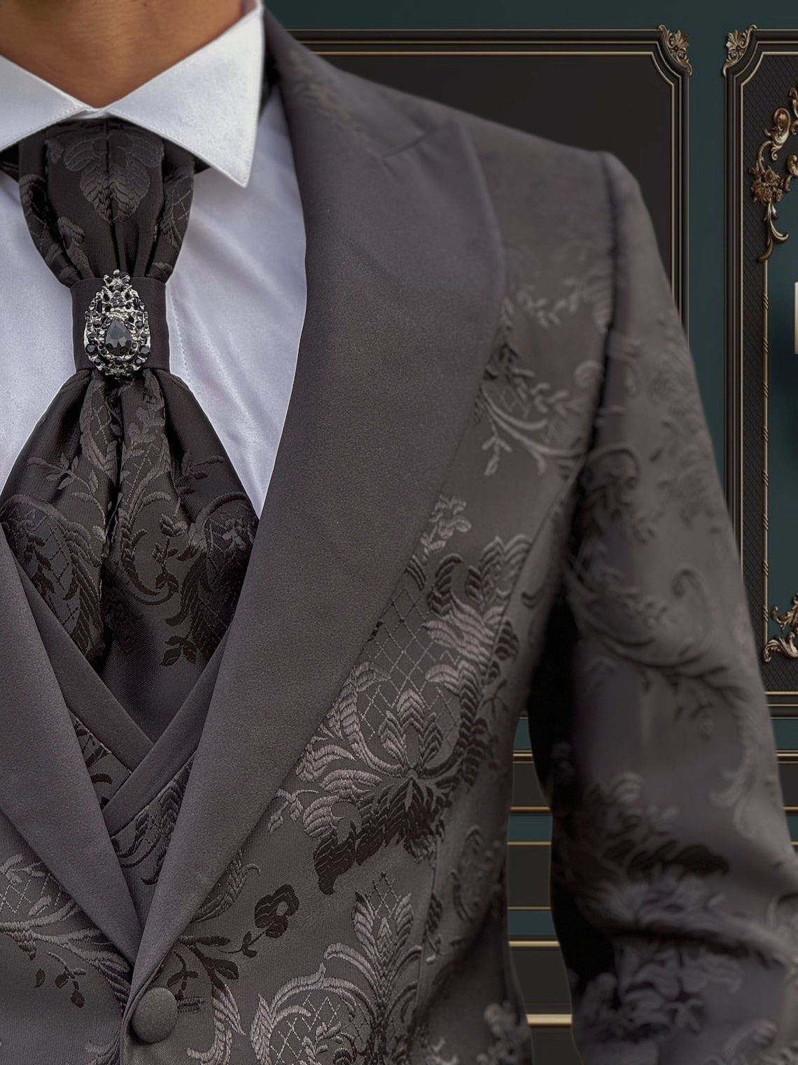 Mens Slim Fit Black Floral Tuxedo Peak Lapel Weddings and Special ...
