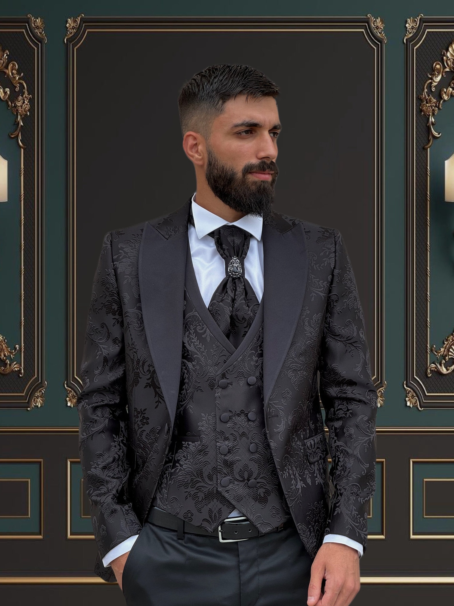 Mens Slim Fit Black Floral Tuxedo Peak Lapel | Weddings and Special ...