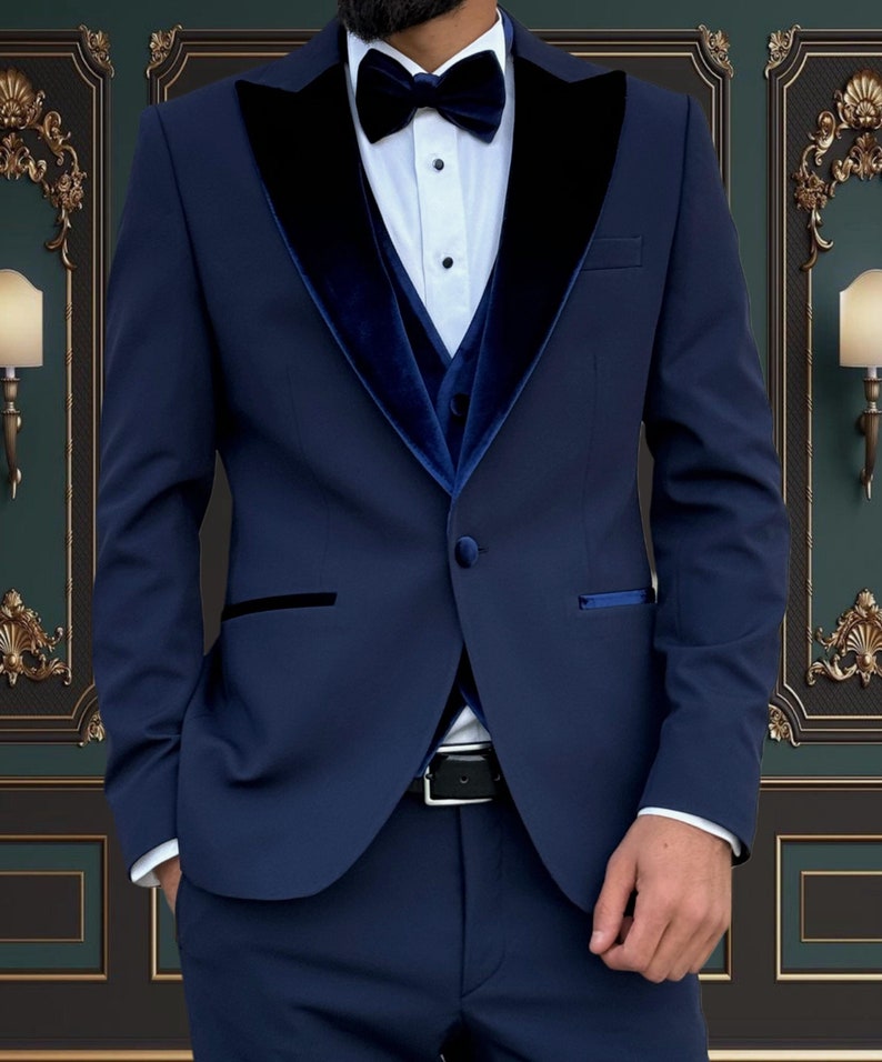 Mens Slim Fit Navy Blue Tuxedo Velvet Peak Lapel Weddings and Special ...