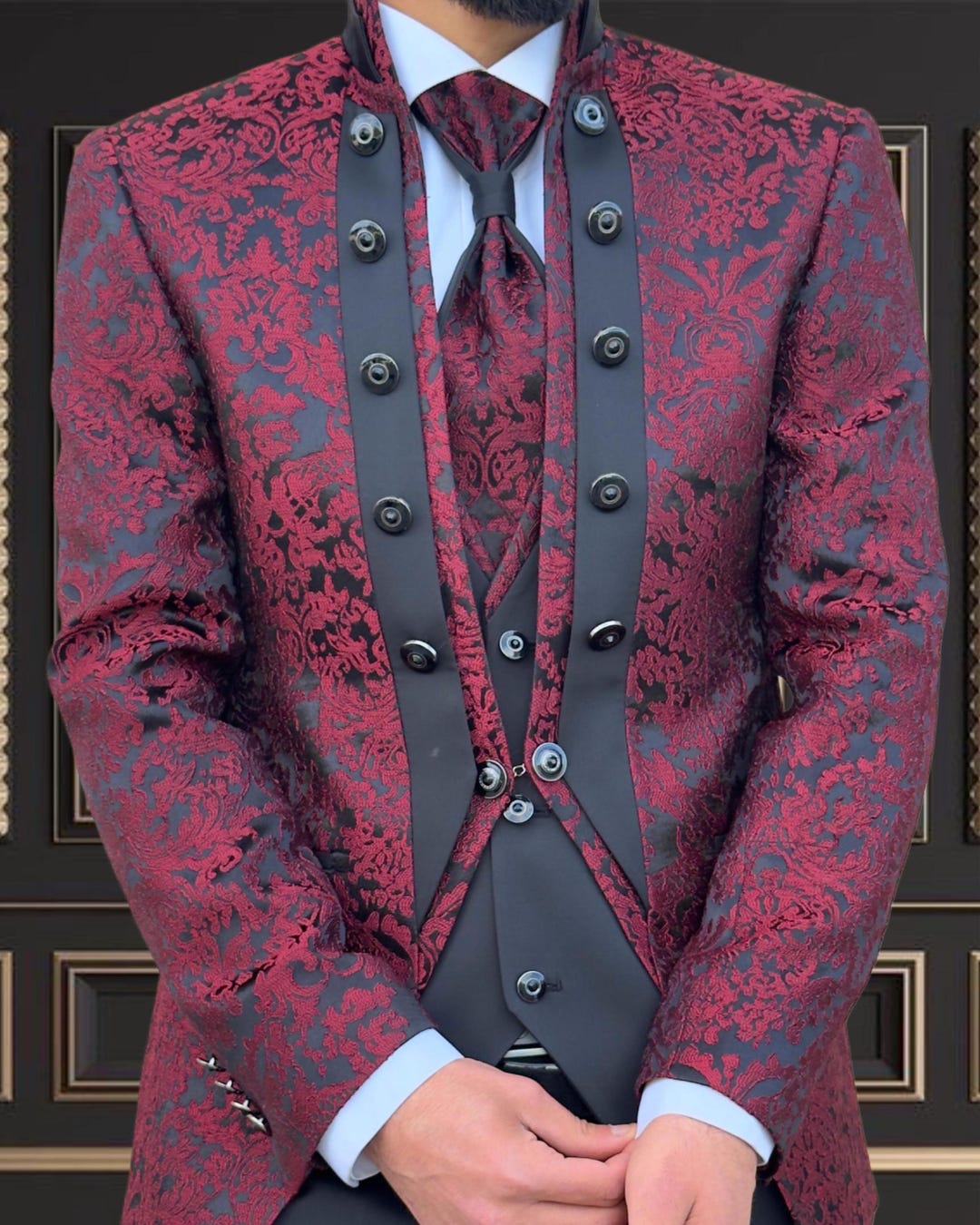 Mens Slim Fit Burgundy Tuxedo Mandarin Collar for Weddings and Special ...
