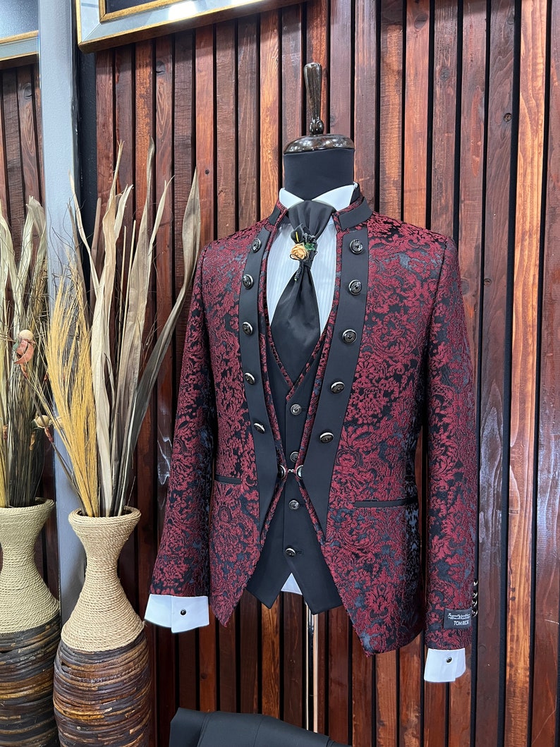 Mens Slim Fit Burgundy Tuxedo Mandarin Collar for Weddings and Special ...
