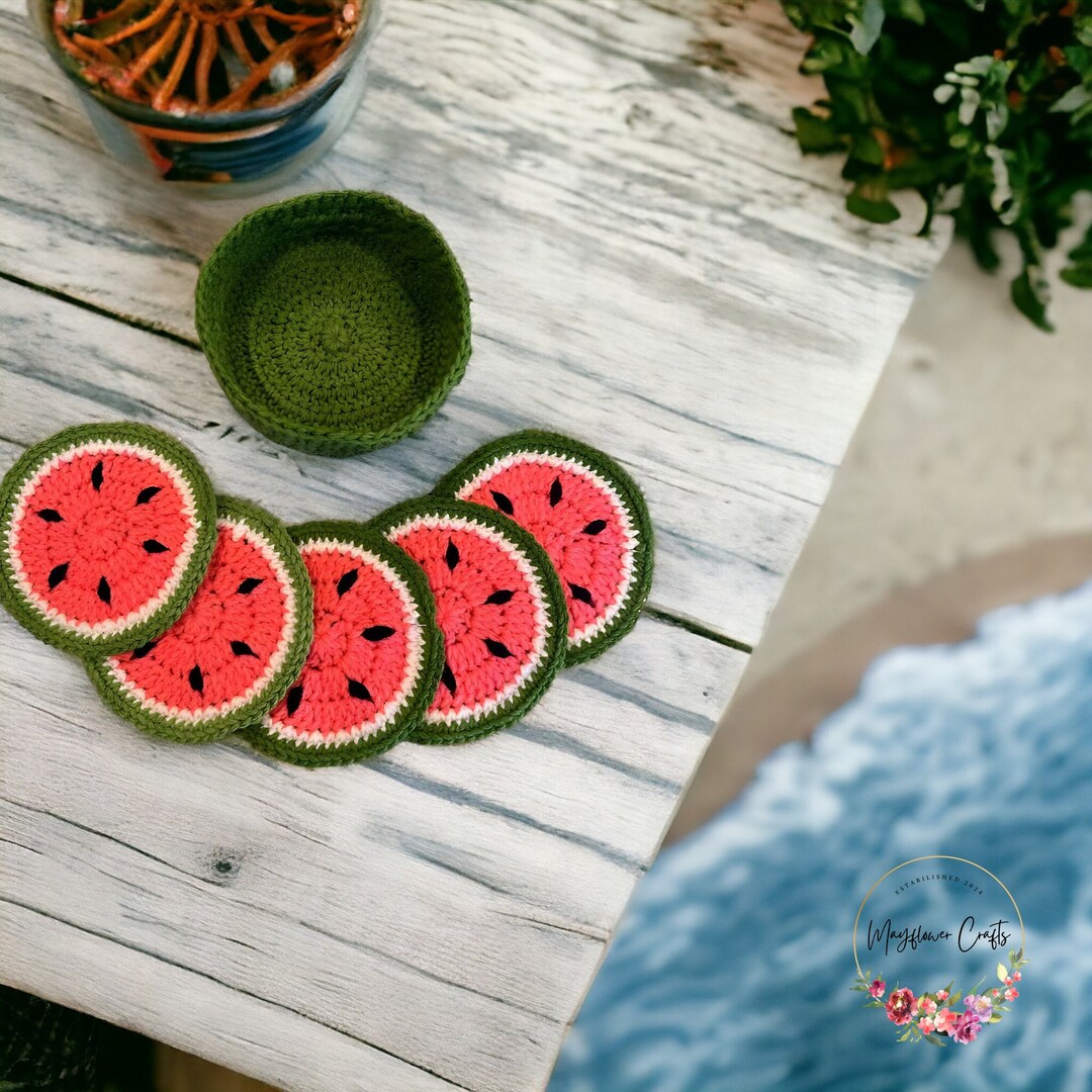 Crochet Watermelon Coaster Set, Crochet Fruit Coasters, Crochet Car ...