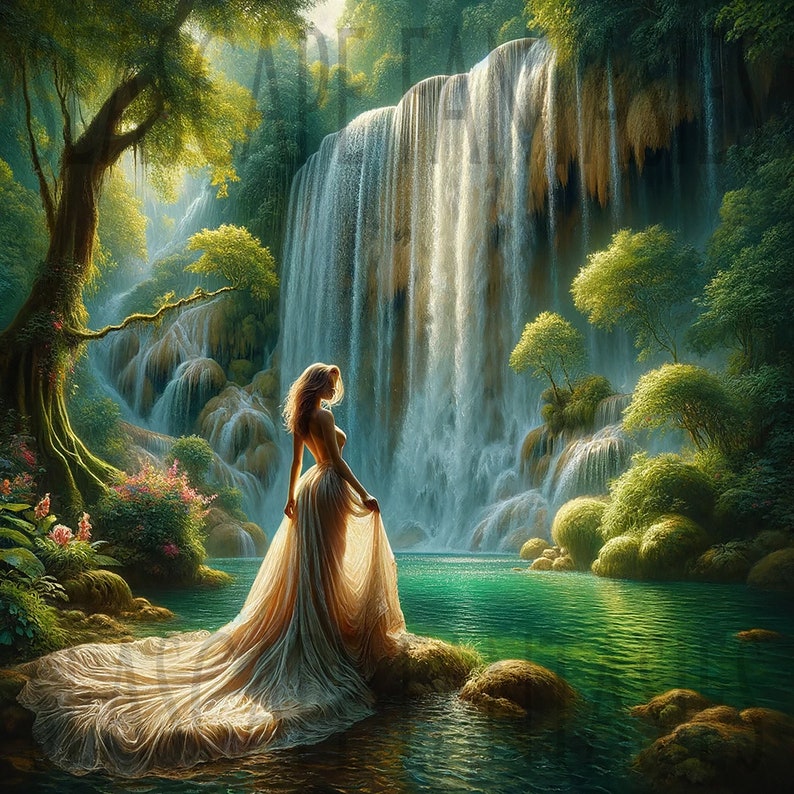 Digital - Serene Cascade - the Most Beautiful Woman by a Waterfall - Etsy