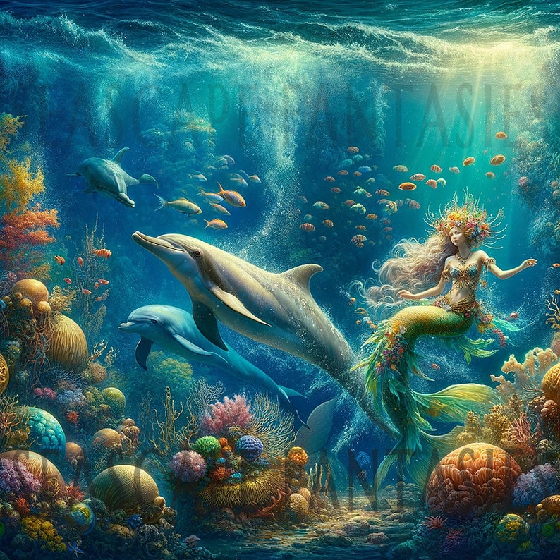 Digital - Oceanic Harmony: Mermaid and Dolphins' Play - Etsy