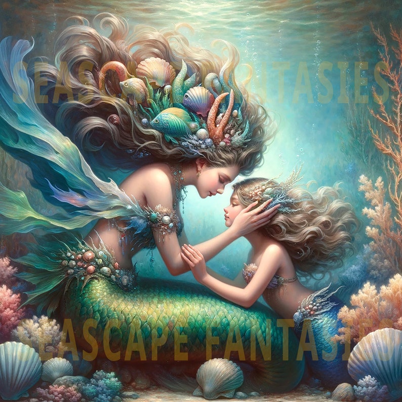 Ocean's Embrace: Mother and Daughter - Mermaid Digital Print, 14.233" X ...