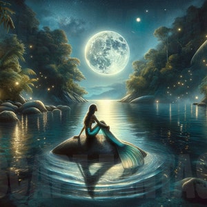Moonlit Mermaid - Tropical Lagoon - Digital Print - 24.89" W X 14.22" H ...
