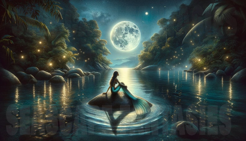 Moonlit Mermaid - Tropical Lagoon - Digital Print - 24.89" W X 14.22" H - Etsy