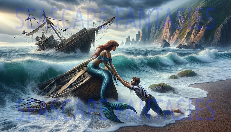 Tides of Compassion: Sailor Rescued by Mermaid - Digital Print 24.89" X ...