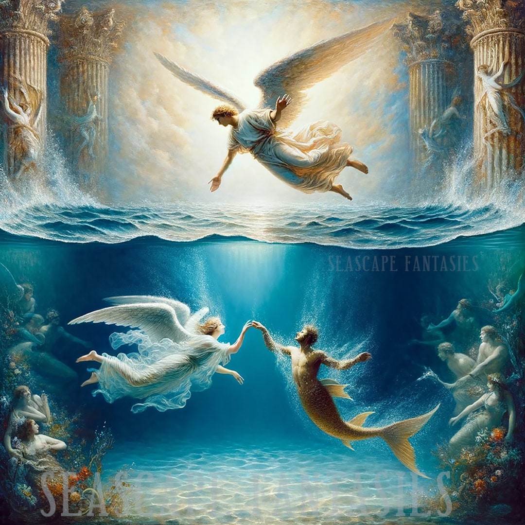 Digital - Between Two Realms: the Angel and Mermaid Encounter - Etsy