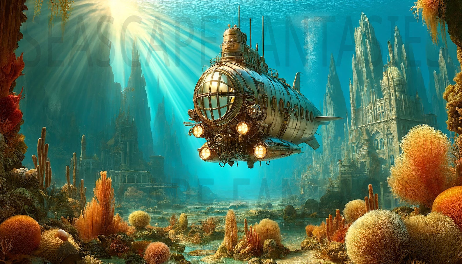 Nautilus Amidst Coral Spires - Digital Print - 24.89" X 14.223" 300DPI ...