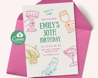 Editable Birthday Party Invitation, Hand Drawn Scribble Cocktail ...