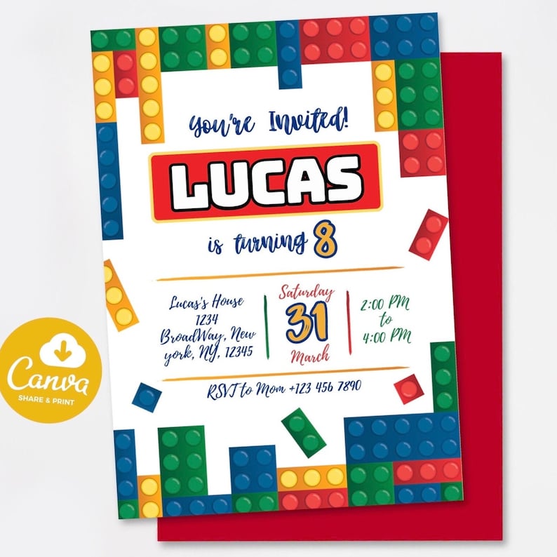 Building Blocks Birthday Invitation Building Bricks Kids Birthday Party ...
