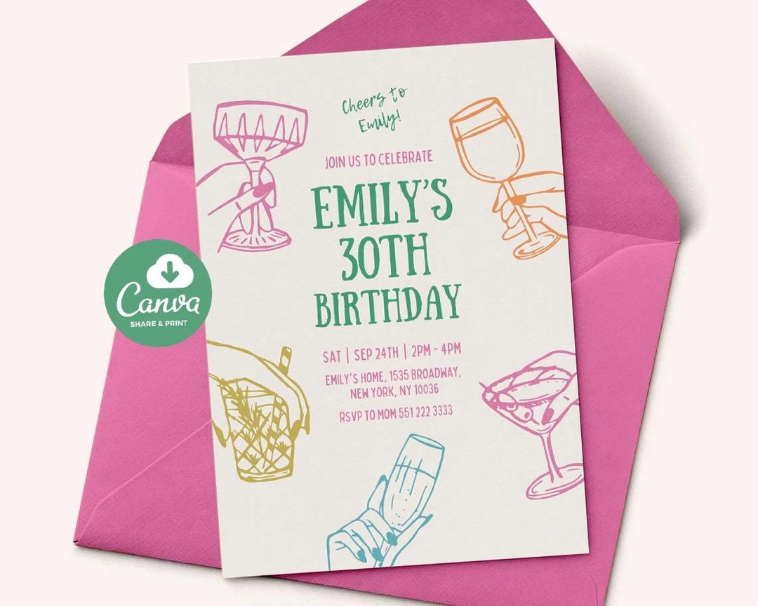 Editable Birthday Party Invitation, Hand Drawn Scribble Cocktail ...