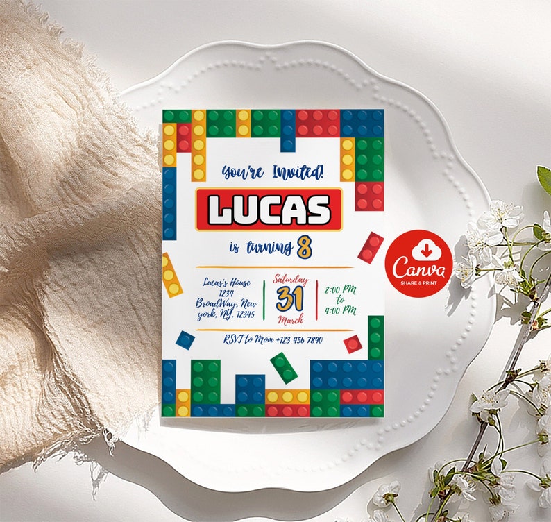 Building Blocks Birthday Invitation Building Bricks Kids Birthday Party ...