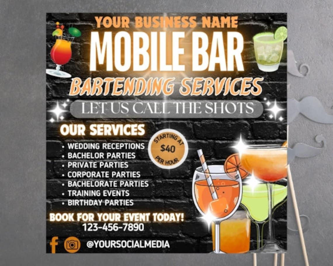 Mobile Bartending Services Flyer, DIY Flyer Template Design, Mobile Bar ...