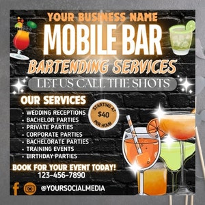 Mobile Bartending Services Flyer, DIY Flyer Template Design, Mobile Bar ...