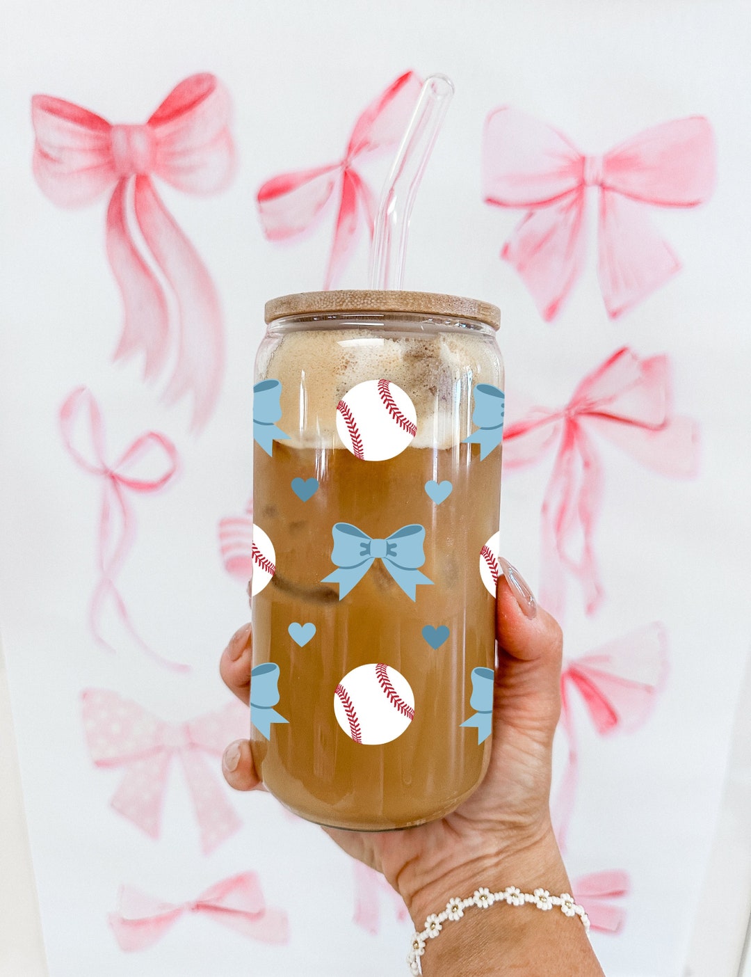 16oz Coffee Glass With Baseball and Blue Bow Design Sports-themed ...