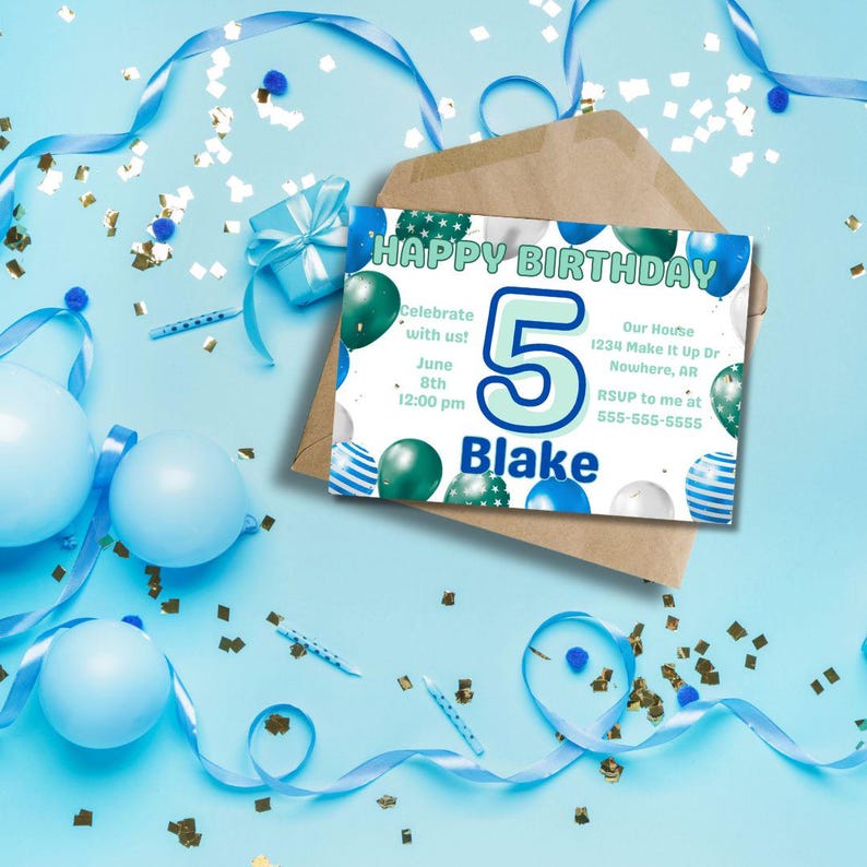 Editable Blue Happy Birthday Invitation, Boy Invitation, Canva Template ...