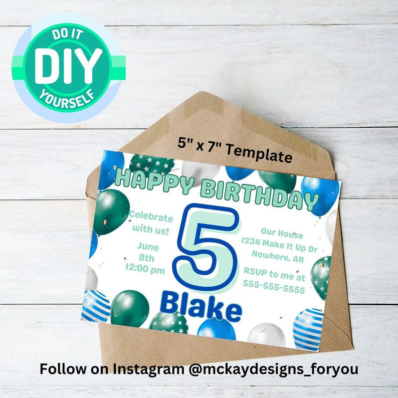 Editable Blue Happy Birthday Invitation, Boy Invitation, Canva Template ...