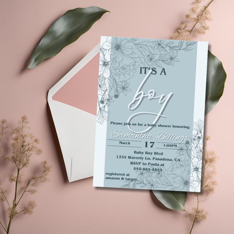 Editable Blue Baby Shower Invitation, Baby Boy Invitation, Canva ...